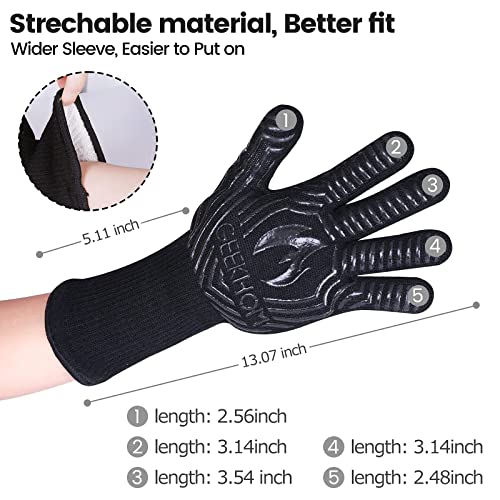 GEEKHOM BBQ Gloves,1472℉ Heat Resistant Grill Gloves, EN407 Certified 13 Inch Grilling Gloves for Smoker, Baking, Cooking, Fire Pit (Black-Flames Texture)