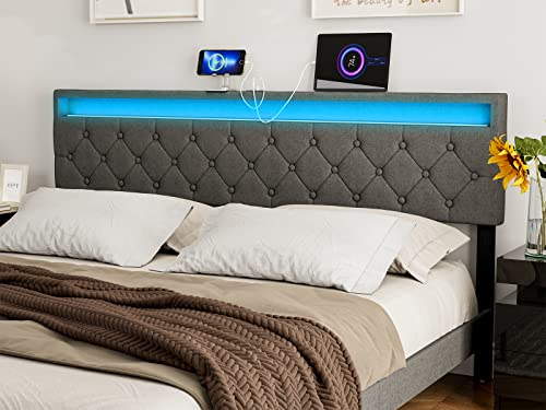 IKIFLY Upholstered King Size Headboard with 2 USB Ports & LED Lights - Adjustable Height - Button Tufted Padded Linen Fabric Headboard, Easy Assembly, King Headboard Only for Bedroom - Dark Grey