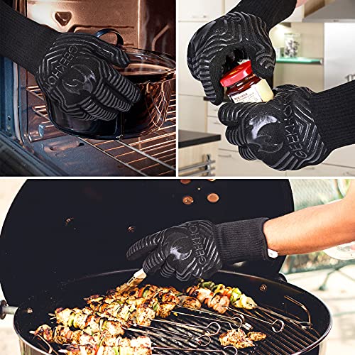 GEEKHOM BBQ Gloves,1472℉ Heat Resistant Grill Gloves, EN407 Certified 13 Inch Grilling Gloves for Smoker, Baking, Cooking, Fire Pit (Black-Flames Texture)