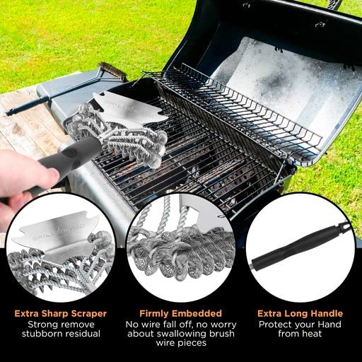 Grill Brush and Scraper Bristle Free – Safe Grill Brush Cleaner – 18” Stainless Grill Grate BBQ Brush W/Extra-Wide Scrubber - Safe Grill Accessories for Porcelain/Weber Gas/Charcoal Grills
