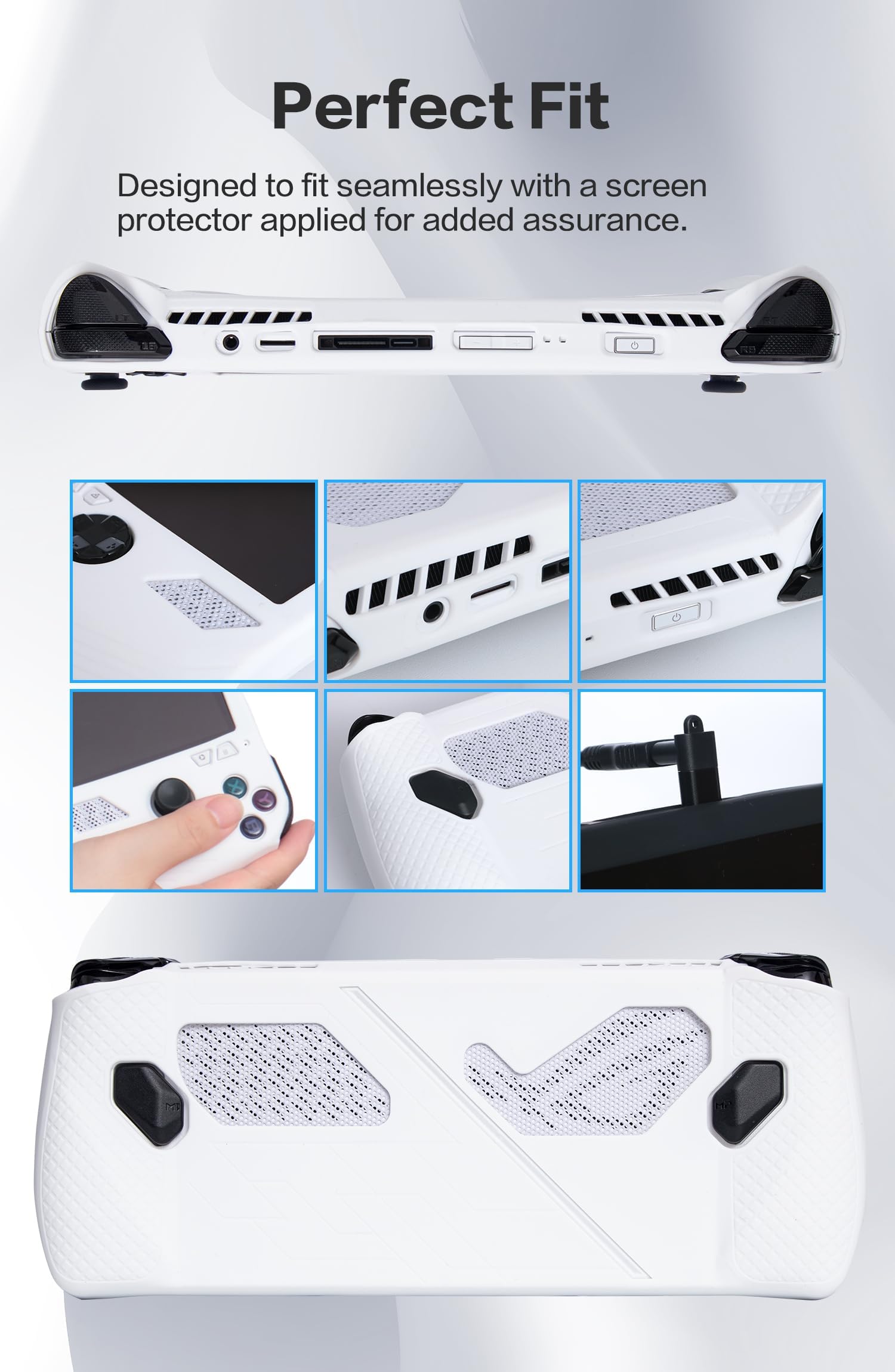 Silicone Case for ROG Ally, Protective Case for ROG Ally with Tempered Glass Screen Protectors, Dust-Proof Net, Joystick Protectors and 3.1 Adapter - White