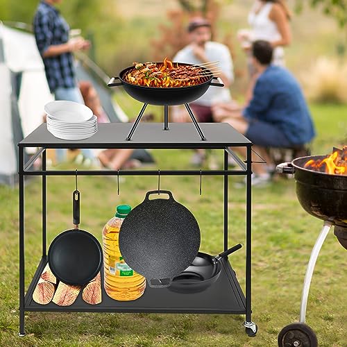 Outdoor Grill Cart, Stainless Steel Double-Shelf Movable Dining Cart Outdoor BBQ Food Preparation Table Kitchen Picnic Worktable for Backyard Grilling, BBQ, Party (Black)