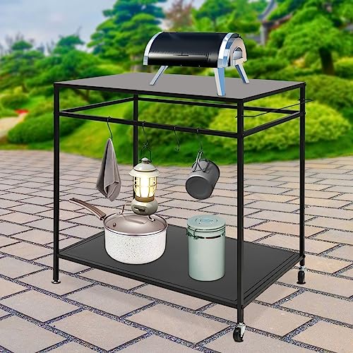 Outdoor Grill Cart, Stainless Steel Double-Shelf Movable Dining Cart Outdoor BBQ Food Preparation Table Kitchen Picnic Worktable for Backyard Grilling, BBQ, Party (Black)