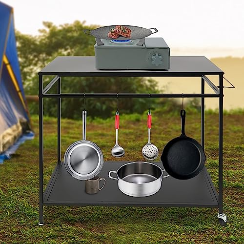 Outdoor Grill Cart, Stainless Steel Double-Shelf Movable Dining Cart Outdoor BBQ Food Preparation Table Kitchen Picnic Worktable for Backyard Grilling, BBQ, Party (Black)