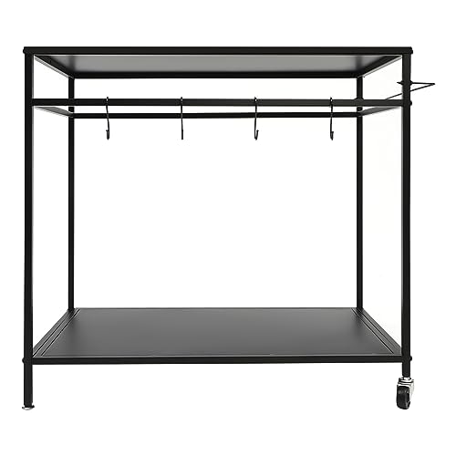 Outdoor Grill Cart, Stainless Steel Double-Shelf Movable Dining Cart Outdoor BBQ Food Preparation Table Kitchen Picnic Worktable for Backyard Grilling, BBQ, Party (Black)