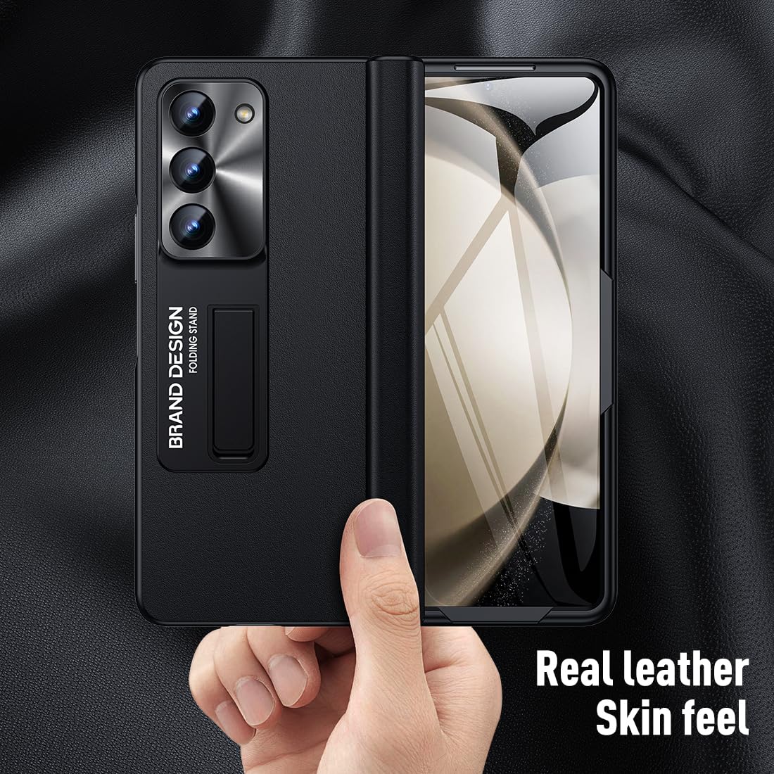 LEIAU for Samsung Galaxy Fold 5 Case: Luxury Genuine Leather case with Full Cover Hinge Protection & Screen Protector & Kickstand - Shockproof Protective Phone Case for Galaxy Z Fold 5 5G 2023 Black
