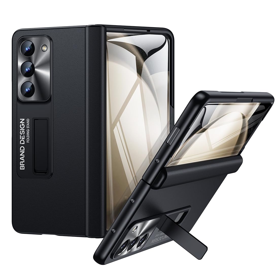 LEIAU for Samsung Galaxy Fold 5 Case: Luxury Genuine Leather case with Full Cover Hinge Protection & Screen Protector & Kickstand - Shockproof Protective Phone Case for Galaxy Z Fold 5 5G 2023 Black