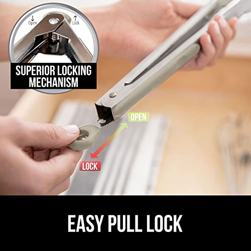 Gorilla Grip Stainless Steel Metal Tongs, 16 Inch, Heat Resistant up to 484 Degrees, Kitchen Utensil, Comfortable Silicone Handle, Easy Pull Lock, Strong Kitchen Tong for Cooking, Grilling, Almond