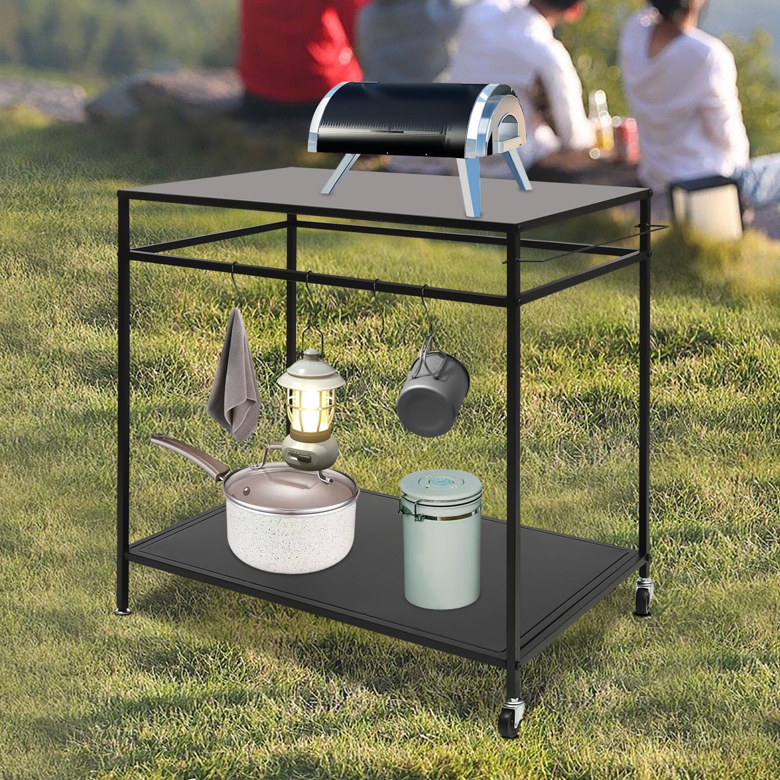 BILPIKOGoo Outdoor Grill Cart Pizza Oven Table, Double Shelf Movable Cooking Cart with 4 Hooks, Pizza Oven Stand Trolley Worktable Trolle for Kitchen, Outside or Backyard Patio, Black