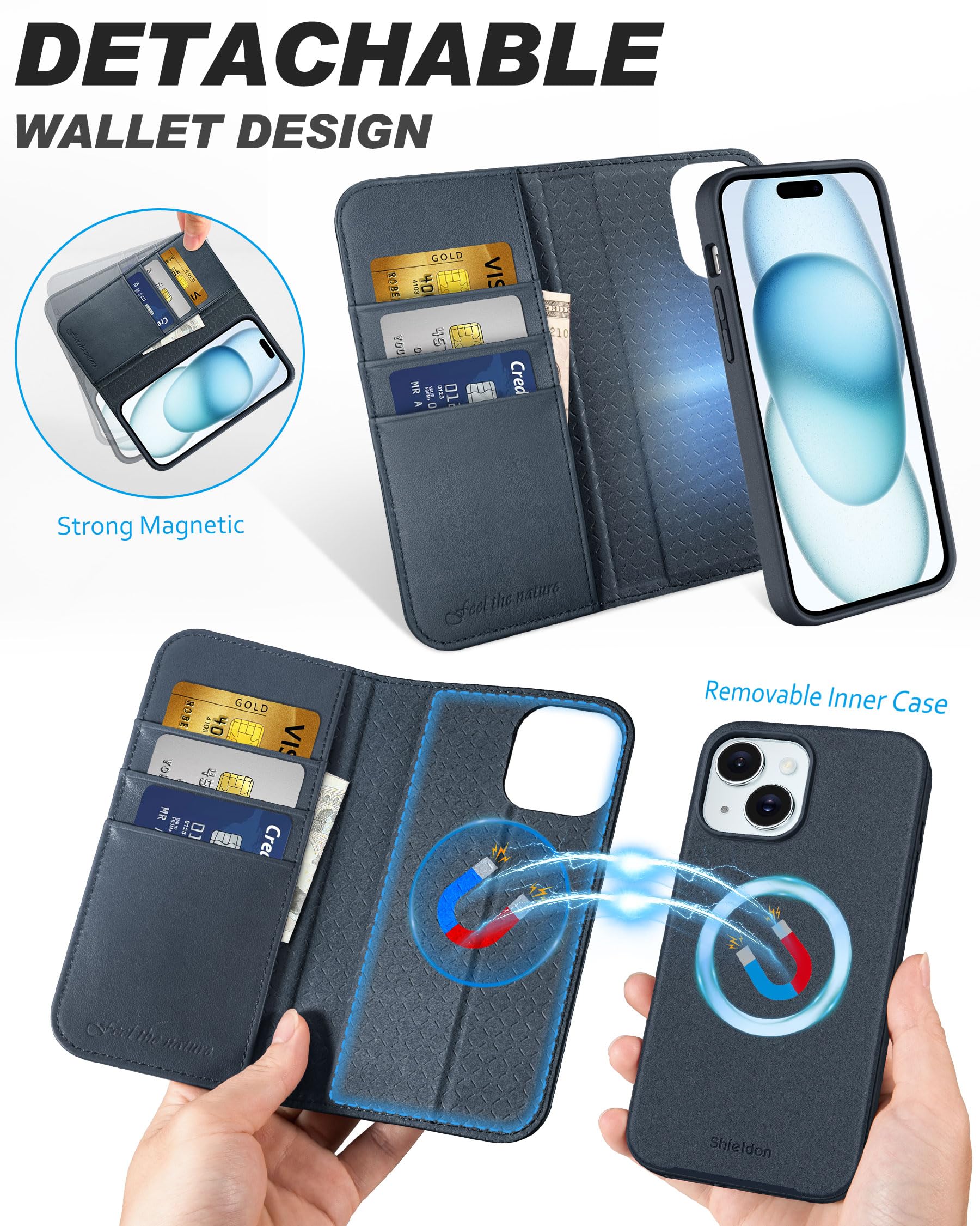 SHIELDON Genuine Leather Wallet 2 in 1 Detachable Wireless Charging Folio Magnetic Case RFID Blocking Card Slot Kickstand Shockproof Case Compatible with iPhone 15 - Navy Blue