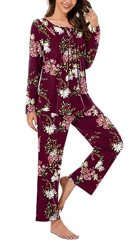 Bestbee Womens Pajama Set, 2 Piece Lounge Outfits Pleated Sleepwear Sets Long Sleeve With Pockets Ladies Pjs, M, Floral Wine