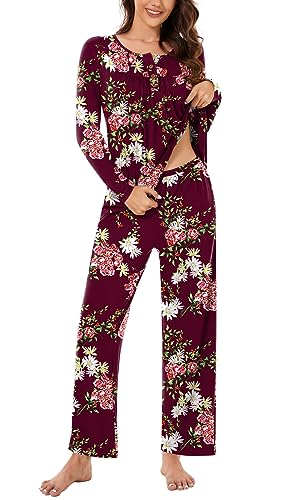 Bestbee Womens Pajama Set, 2 Piece Lounge Outfits Pleated Sleepwear Sets Long Sleeve With Pockets Ladies Pjs, M, Floral Wine