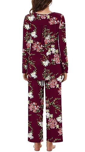 Bestbee Womens Pajama Set, 2 Piece Lounge Outfits Pleated Sleepwear Sets Long Sleeve With Pockets Ladies Pjs, M, Floral Wine