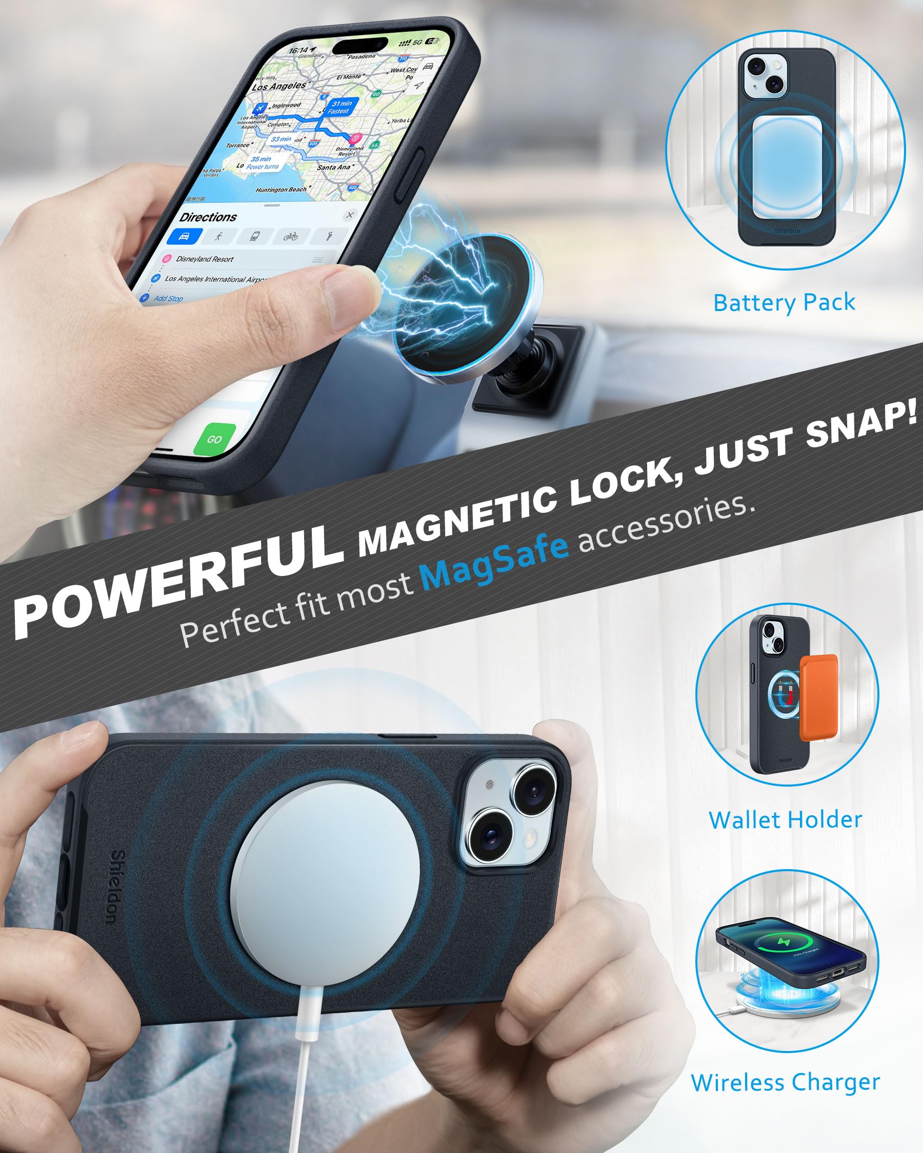 SHIELDON Genuine Leather Wallet 2 in 1 Detachable Wireless Charging Folio Magnetic Case RFID Blocking Card Slot Kickstand Shockproof Case Compatible with iPhone 15 - Navy Blue