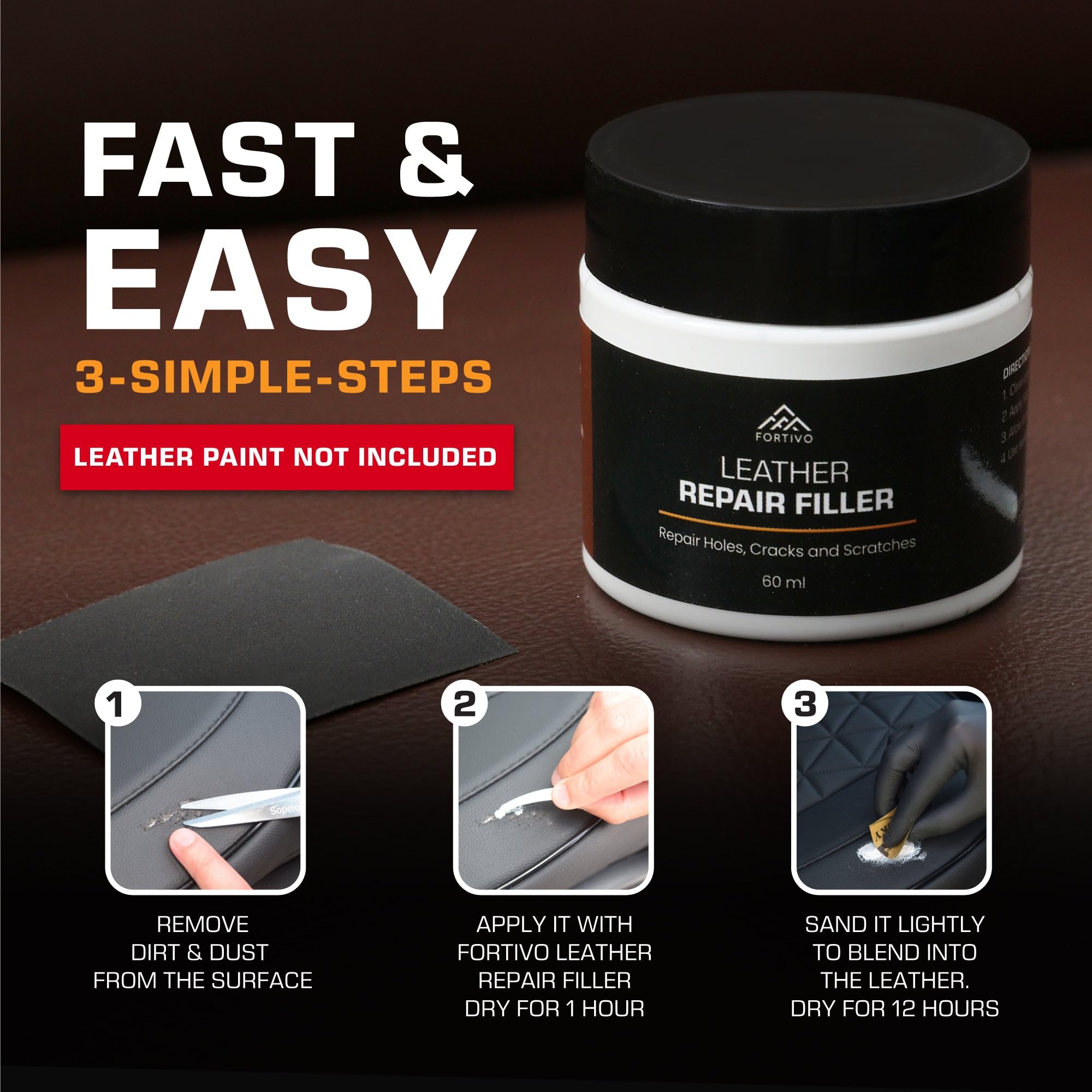 Paintable Leather Filler - Repair for Tears, Holes, and Scratches - Easy Step-by-Step Guide - Leather Repair Gel, White - 60 mL