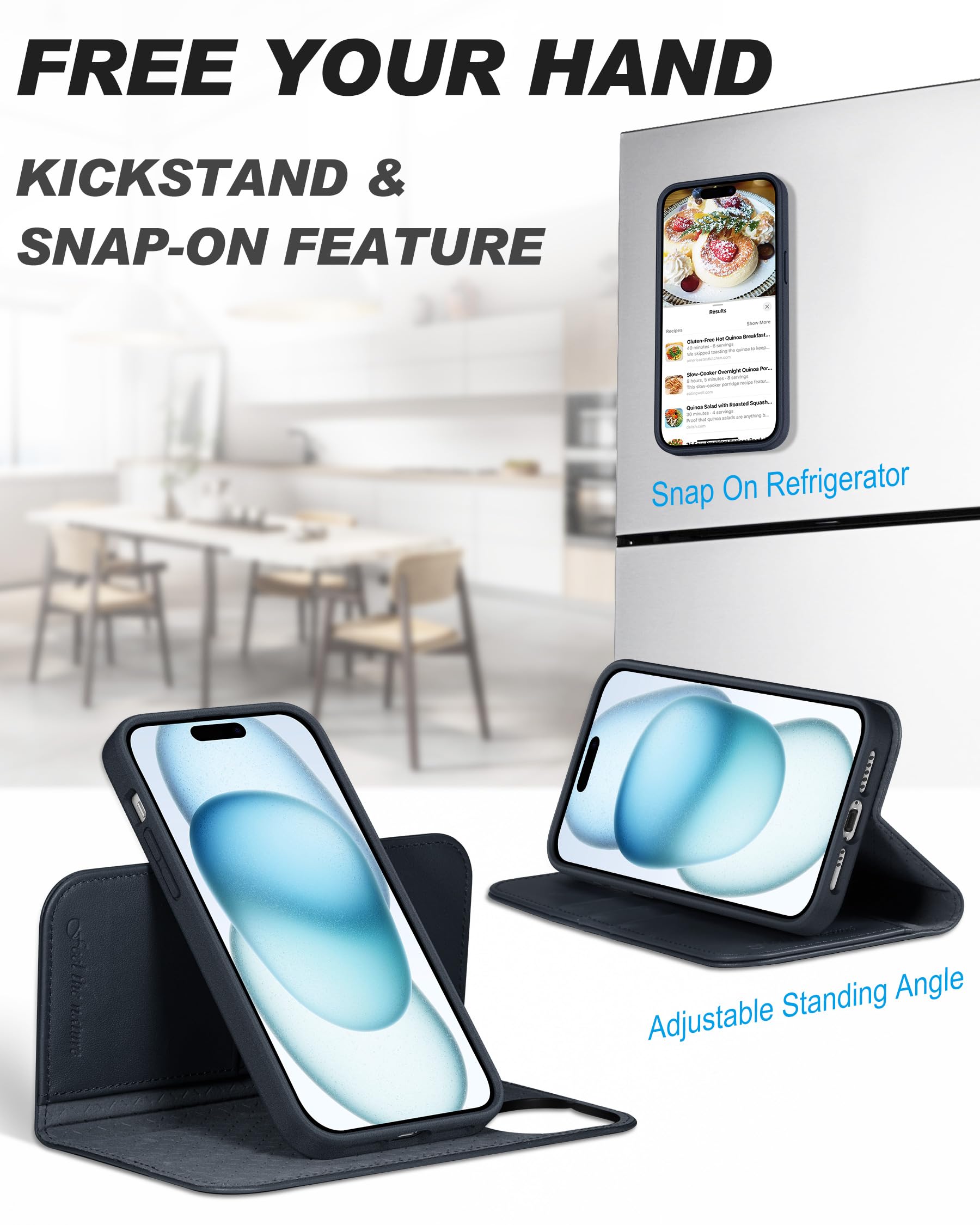SHIELDON Genuine Leather Wallet 2 in 1 Detachable Wireless Charging Folio Magnetic Case RFID Blocking Card Slot Kickstand Shockproof Case Compatible with iPhone 15 - Navy Blue