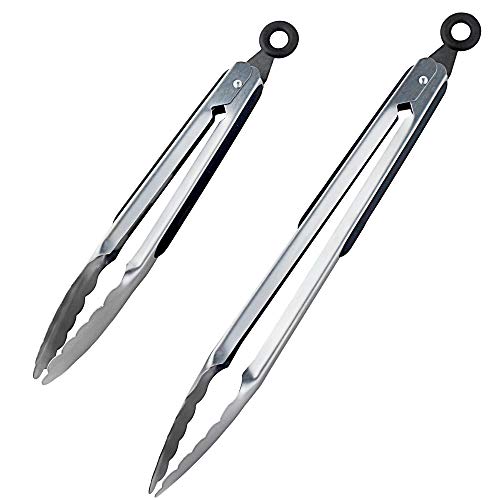 DRAGONN Premium Set of 12-inch and 9-inch Stainless-Steel Locking Kitchen Tongs, Set of 2 - Sturdy, Heavy Duty Tong Set - Great for Cooking, Grilling, and Barbecue, BBQ, Silver, DN-KW-TG2S