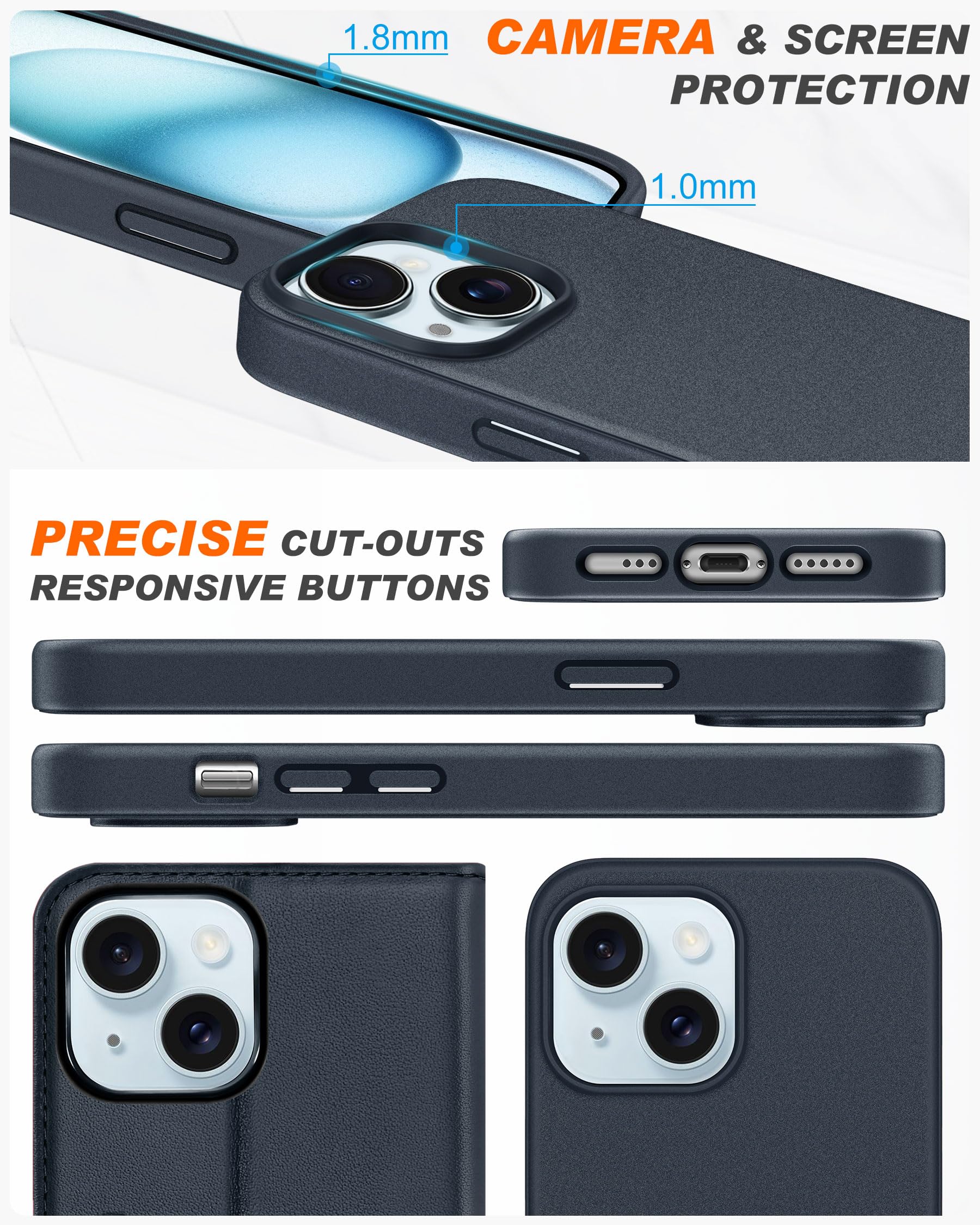 SHIELDON Genuine Leather Wallet 2 in 1 Detachable Wireless Charging Folio Magnetic Case RFID Blocking Card Slot Kickstand Shockproof Case Compatible with iPhone 15 - Navy Blue