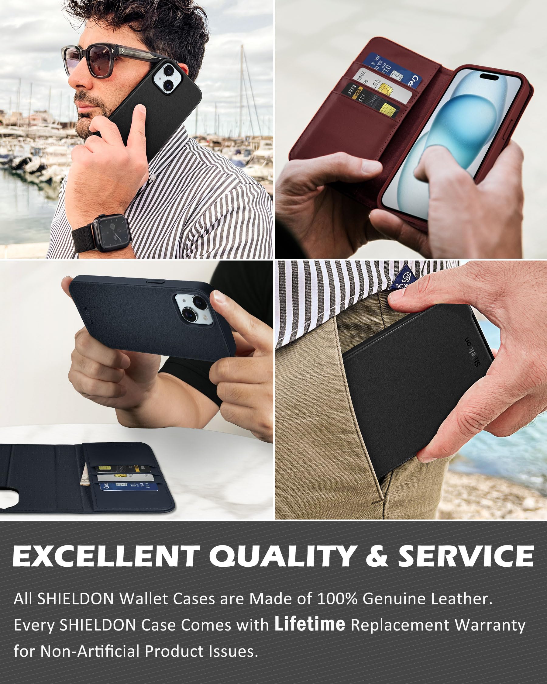 SHIELDON Genuine Leather Wallet 2 in 1 Detachable Wireless Charging Folio Magnetic Case RFID Blocking Card Slot Kickstand Shockproof Case Compatible with iPhone 15 - Navy Blue