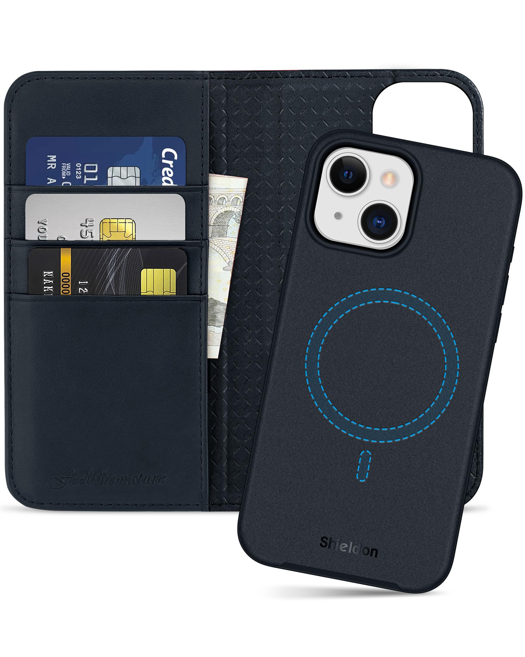 SHIELDON Genuine Leather Wallet 2 in 1 Detachable Wireless Charging Folio Magnetic Case RFID Blocking Card Slot Kickstand Shockproof Case Compatible with iPhone 15 - Navy Blue