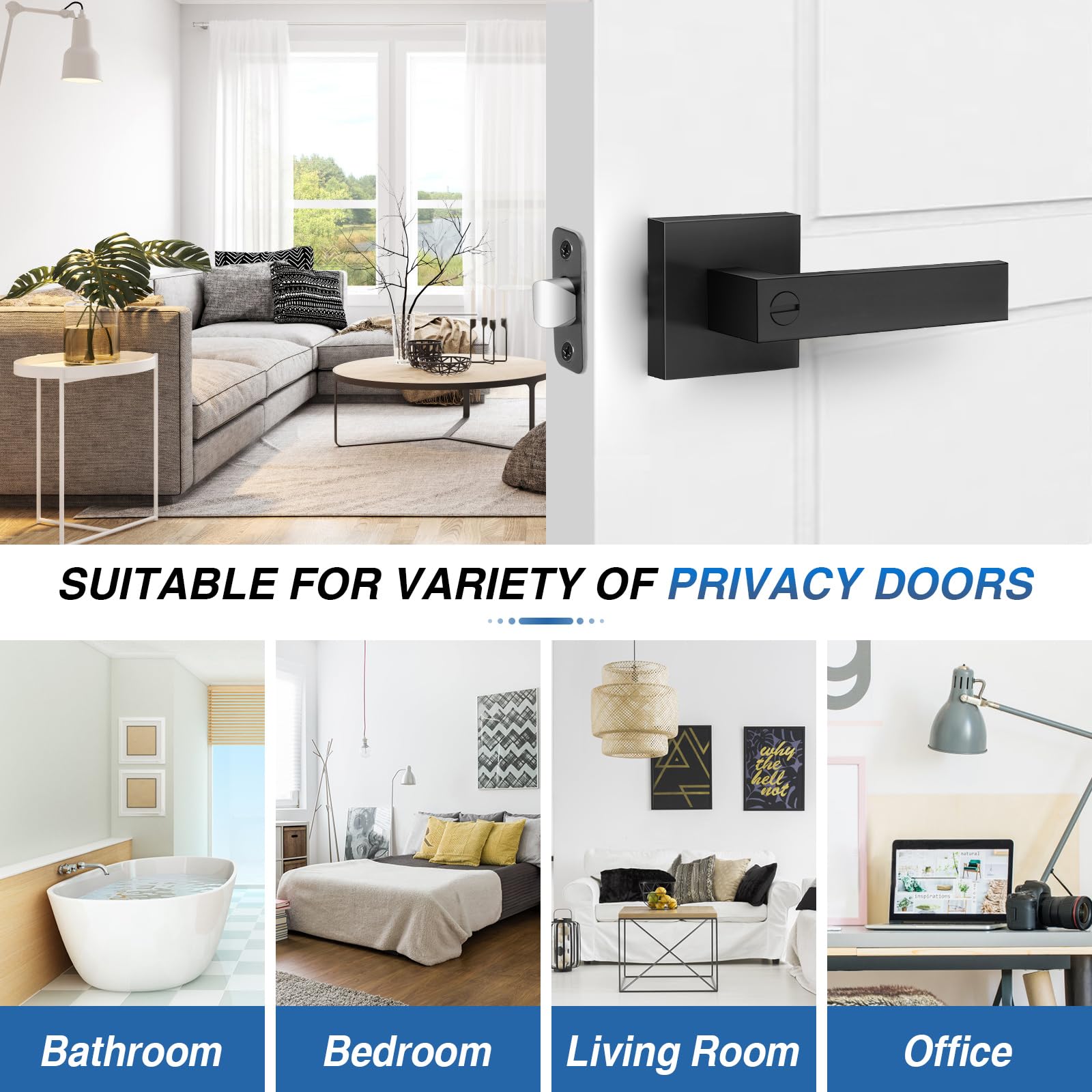 Plustool 6 Pack Matte Black Door Handles, Keyless Interior Door Knobs, Privacy Door Lever Locksets for Bedroom Bathroom, Heavy Duty Square Door Lock (2.0lb), Reversible for Left&Right Handled Doors