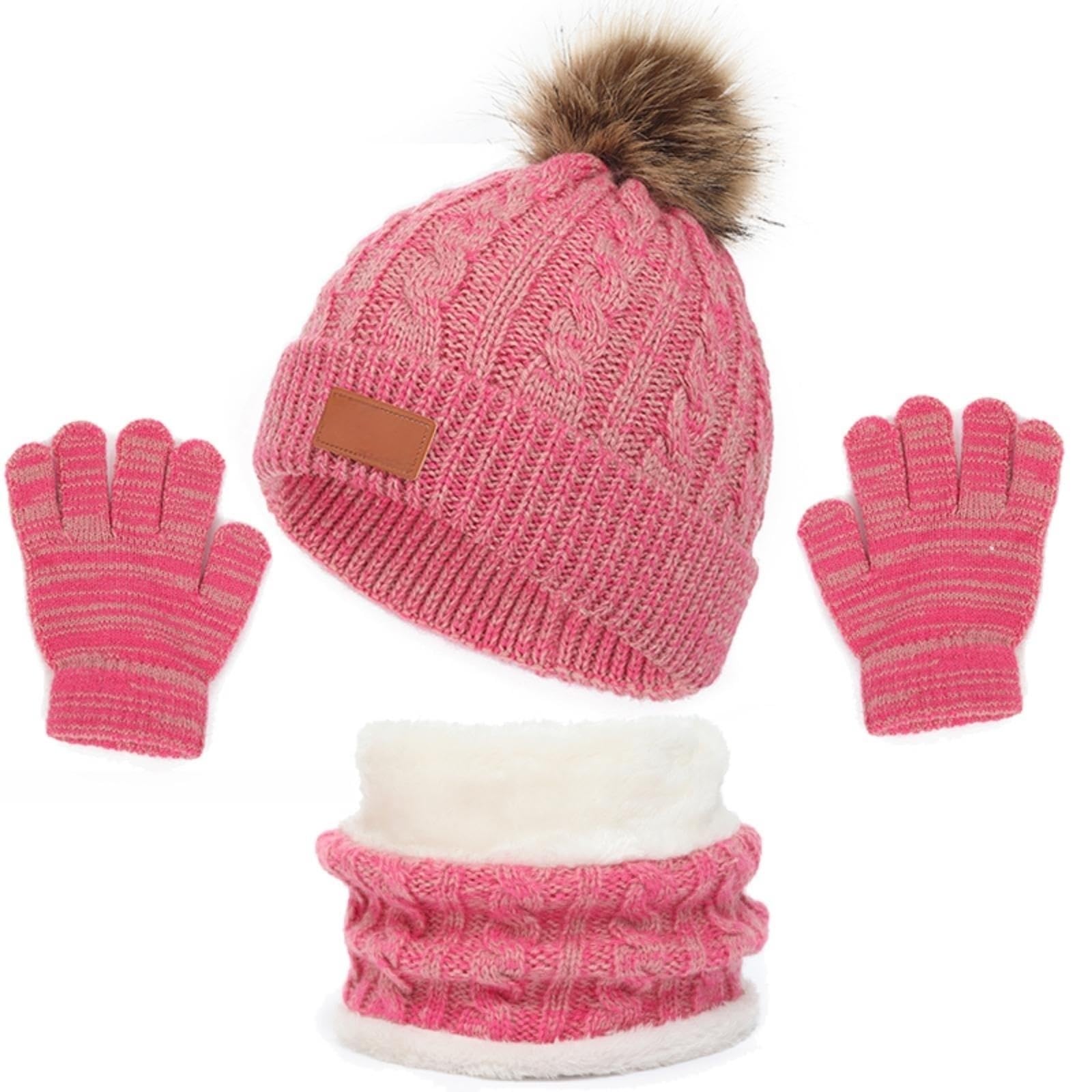 Kids Winter Hat Gloves Scarf Set for 2-6 Years Old Boy Girl Toddler Winter Knit Pompom Beanie Hats Cap Neck Warmer Gloves,rose red-1