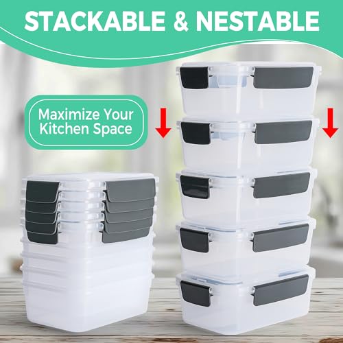 YORY 3/9 cup Plastic Food Storage Containers with Lids Nestable Freezer Dishwasher Safe Rectangle Meal Prep Container Set,10-Pack