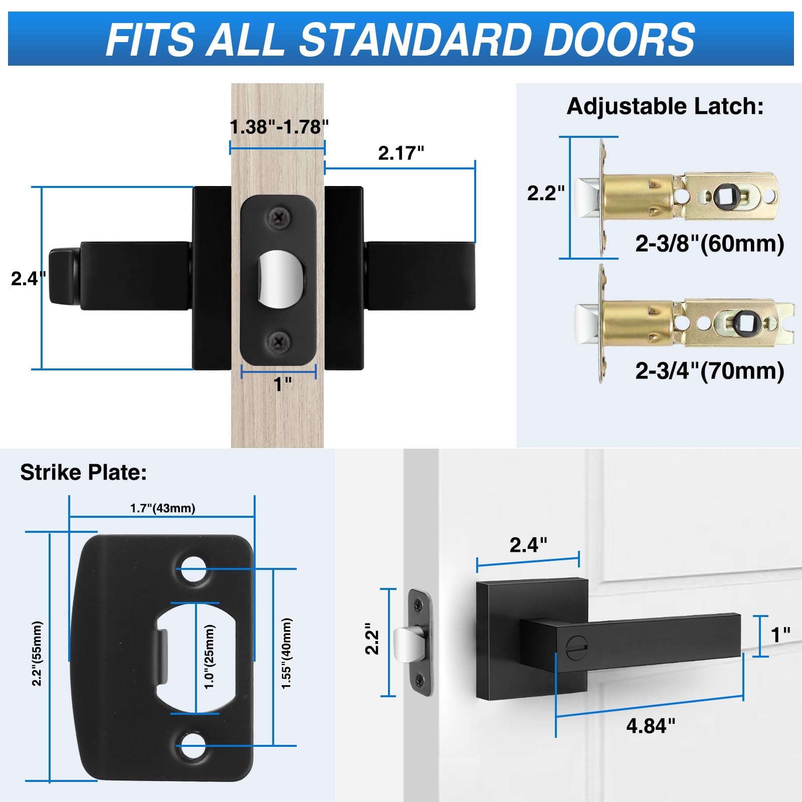 Plustool 6 Pack Matte Black Door Handles, Keyless Interior Door Knobs, Privacy Door Lever Locksets for Bedroom Bathroom, Heavy Duty Square Door Lock (2.0lb), Reversible for Left&Right Handled Doors