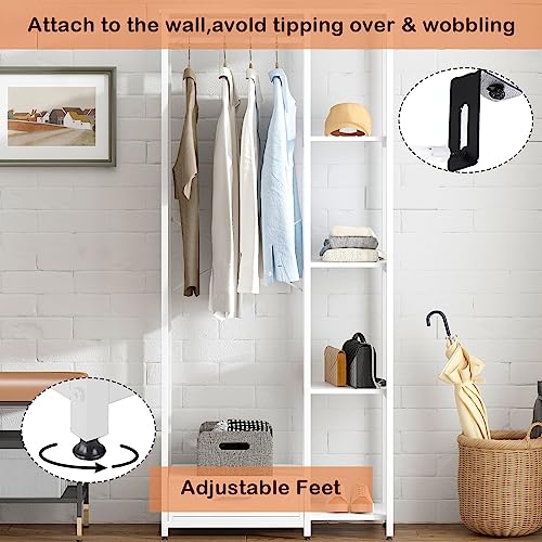 SogesHome Hall Tree with 1-Drawer, 3-in-1 Wood Cloth Garment Racks, Coat Stand with 4-Tier Side Storage Shelves, Home Storage Stand Open Display for Living-room, Bedroom, White