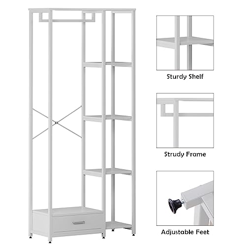 SogesHome Hall Tree with 1-Drawer, 3-in-1 Wood Cloth Garment Racks, Coat Stand with 4-Tier Side Storage Shelves, Home Storage Stand Open Display for Living-room, Bedroom, White