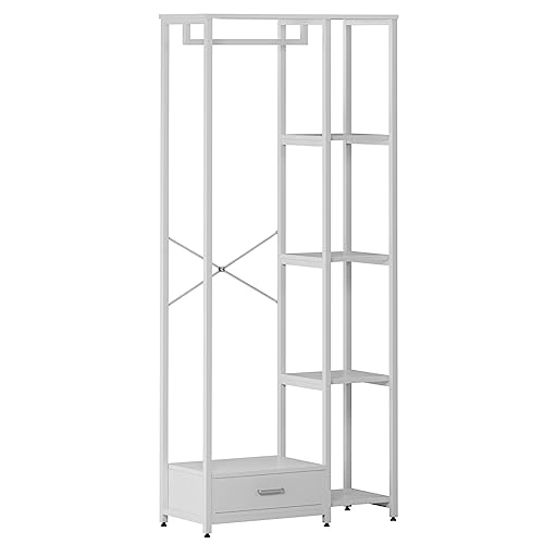 SogesHome Hall Tree with 1-Drawer, 3-in-1 Wood Cloth Garment Racks, Coat Stand with 4-Tier Side Storage Shelves, Home Storage Stand Open Display for Living-room, Bedroom, White