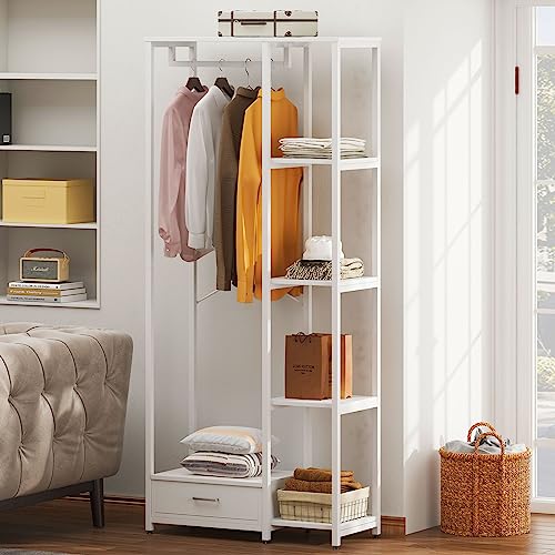 SogesHome Hall Tree with 1-Drawer, 3-in-1 Wood Cloth Garment Racks, Coat Stand with 4-Tier Side Storage Shelves, Home Storage Stand Open Display for Living-room, Bedroom, White