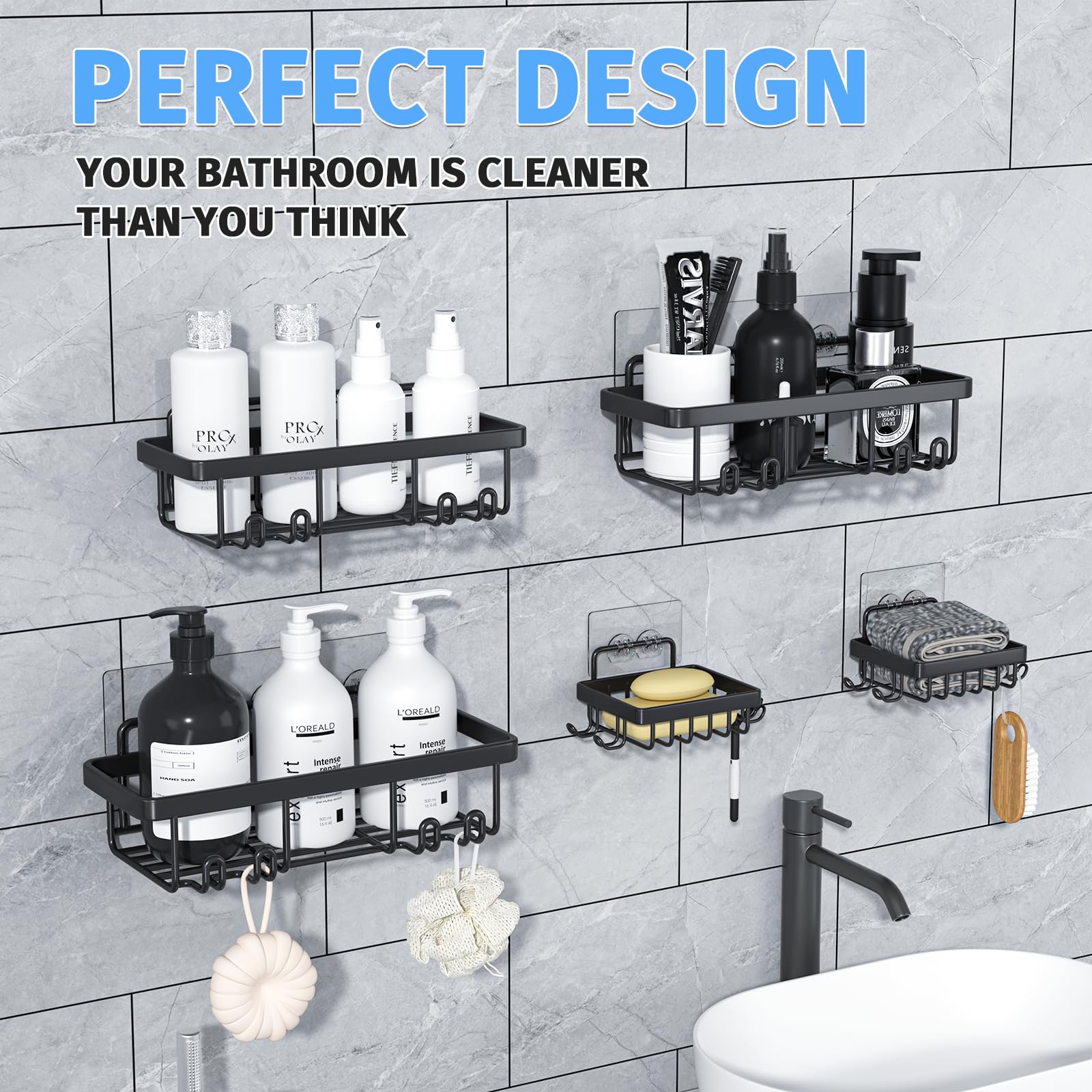 WESTRUE Shower Caddy 5 Pack Shower Shelves No Drilling Shower Rack with Soap Dish Adhesive Shower Organizer Shower Storage for Inside Shower-Black