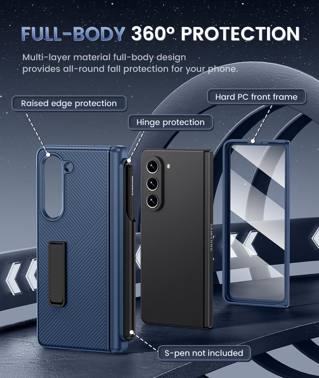 Caka Case for Galaxy Z Fold 5 Case with S Pen Holder & Screen Protector & Kickstand & Hinge Protection 360 Military Grade Shockproof Phone Cover for Samsung Galaxy Z Fold 5 - Blue