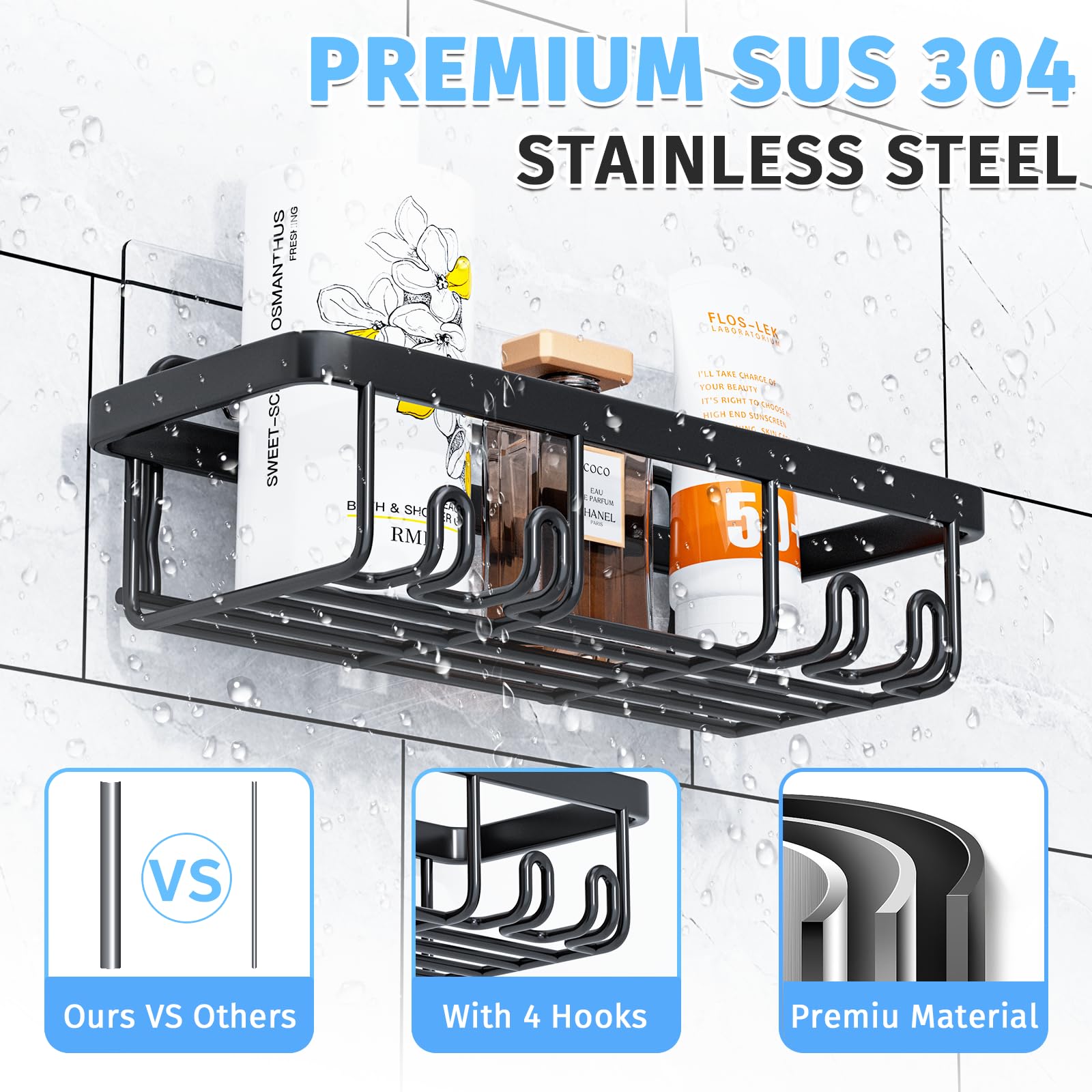 WESTRUE Shower Caddy 5 Pack Shower Shelves No Drilling Shower Rack with Soap Dish Adhesive Shower Organizer Shower Storage for Inside Shower-Black