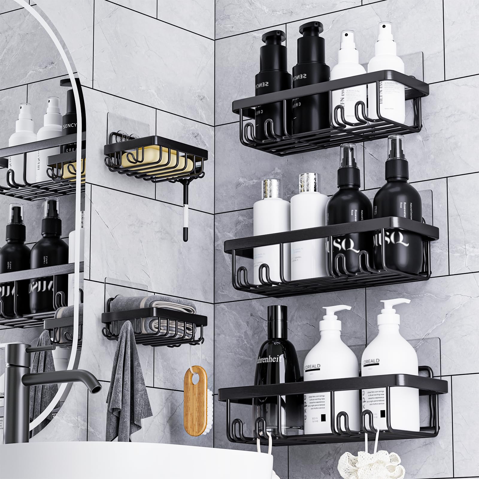 WESTRUE Shower Caddy 5 Pack Shower Shelves No Drilling Shower Rack with Soap Dish Adhesive Shower Organizer Shower Storage for Inside Shower-Black