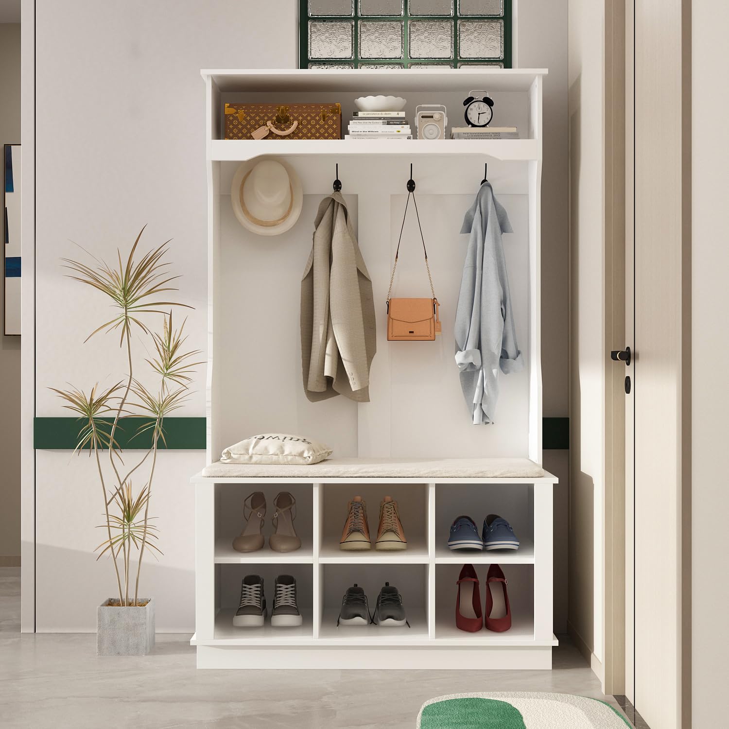 AIEGLE Entryway Hall Tree with Shoe Bench, 3-in-1 Hallway Hall Tree with Coat Rack, 6 Shoe Storage Cubes and 4 Hanging Hooks, White (39.8" L x 17.3" W x 67.1" H)