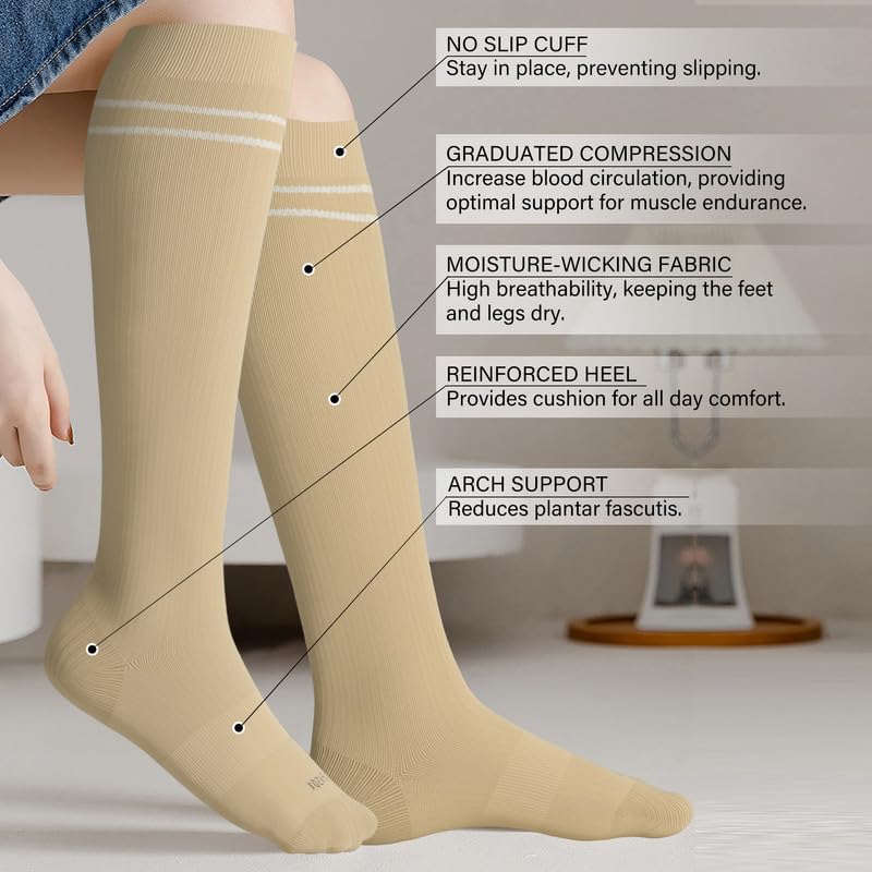 LEVSOX Compression Socks for Pregnant Women 20-30 mmHg Knee High Viscose for Bamboo Cute Funny Mens Supports Socks for Nurses, Medical, Travel and Flight, Wheat