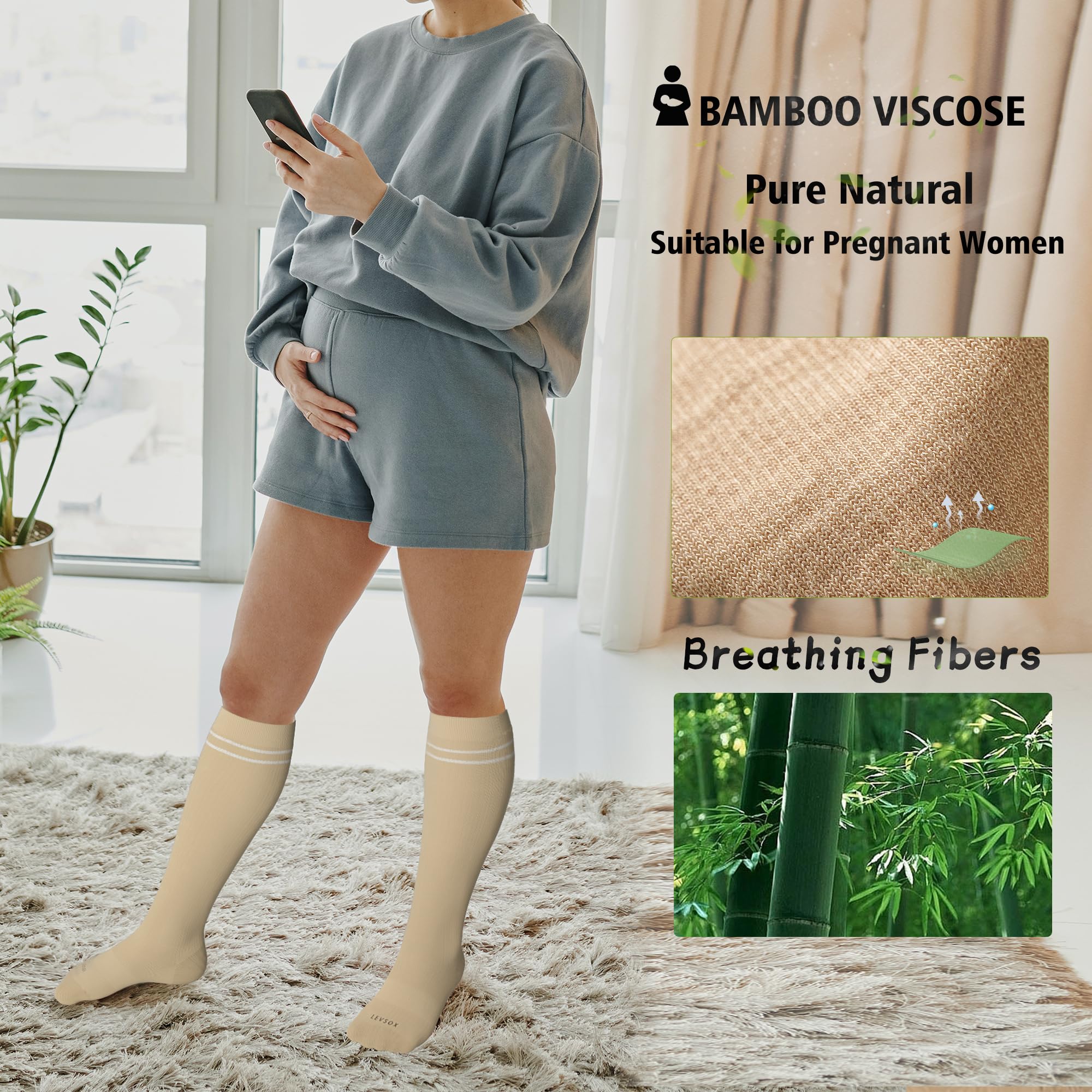 LEVSOX Compression Socks for Pregnant Women 20-30 mmHg Knee High Viscose for Bamboo Cute Funny Mens Supports Socks for Nurses, Medical, Travel and Flight, Wheat