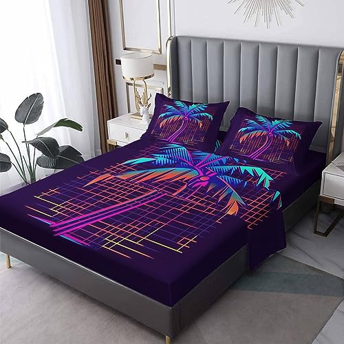 Palm Tree Sheets Full Size, Tropical Plants Neon Bed Sheets, Patterned Bedding Sheets & Pillowcases 4 Piece Set - Soft Microfiber Deep Pocket Fitted Sheet & Flat Sheet & 2 Pillow Cases K0-&-155