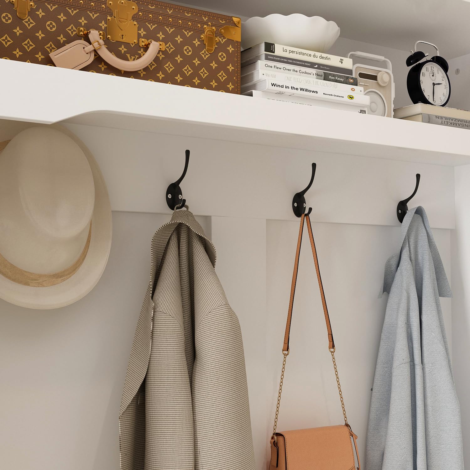 AIEGLE Entryway Hall Tree with Shoe Bench, 3-in-1 Hallway Hall Tree with Coat Rack, 6 Shoe Storage Cubes and 4 Hanging Hooks, White (39.8" L x 17.3" W x 67.1" H)