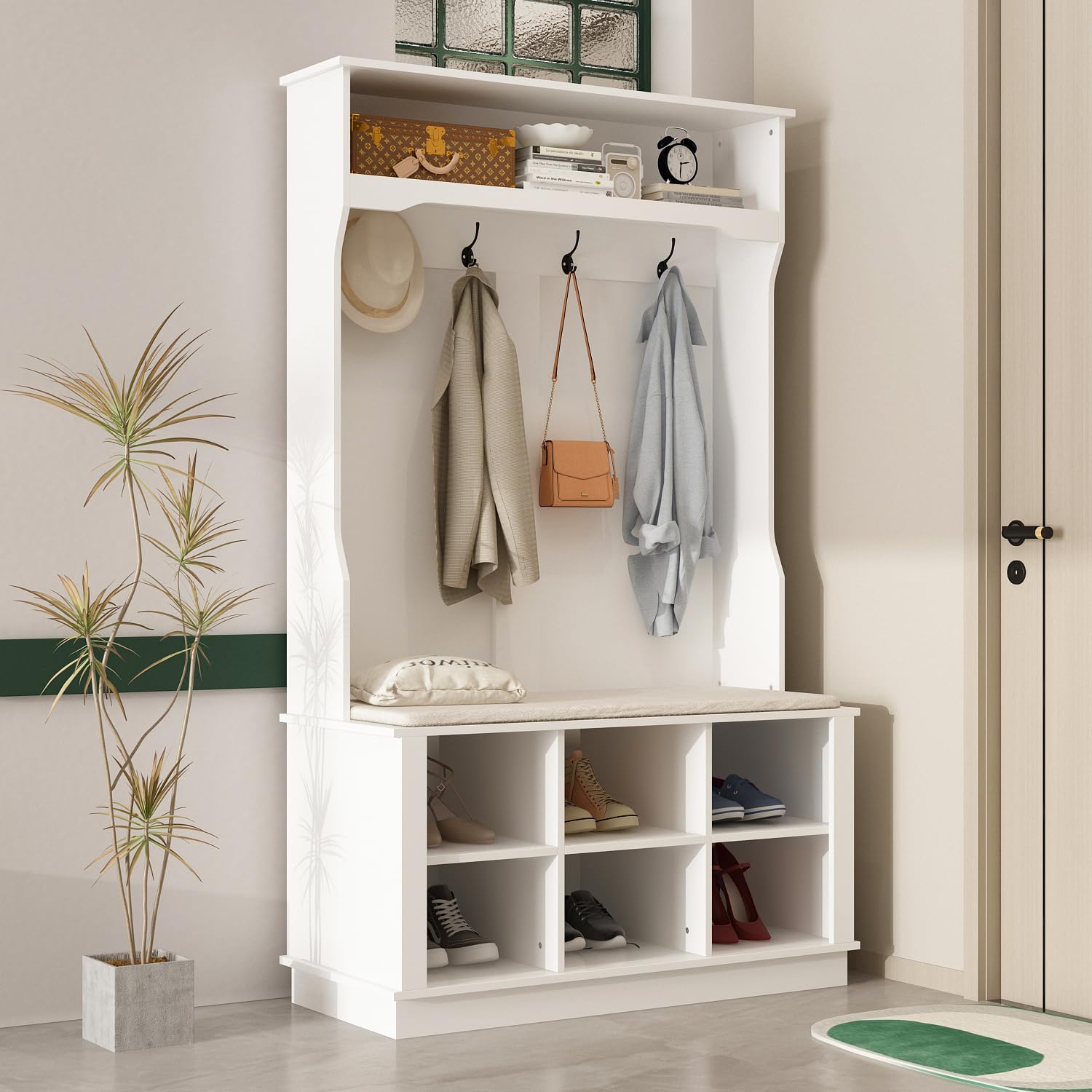 AIEGLE Entryway Hall Tree with Shoe Bench, 3-in-1 Hallway Hall Tree with Coat Rack, 6 Shoe Storage Cubes and 4 Hanging Hooks, White (39.8" L x 17.3" W x 67.1" H)