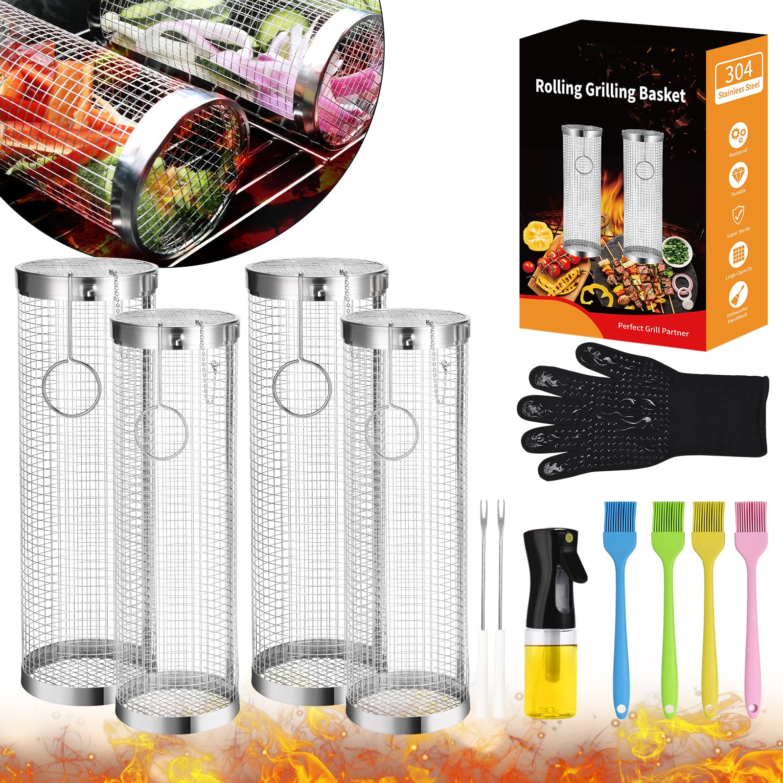 Grill Basket 4 PCS, BBQ Grill Basket, Rolling Grilling Basket, Stainless Steel Grill Mesh Barbeque Grill Accessories, Portable Grill Baskets for Outdoor Grill for Fish, Shrimp, Meat, Vegetables, Fries