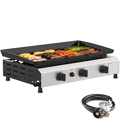 SKOK 3 Burner Gas Griddle- 23.3 Inch Outdoor Propane Griddle-30000 BTU Propane Fuelled, Portable Flat Top Gas Grill Camping Griddle Station with Side Shelves for Kitchen, BBQ, Camping Tailgating