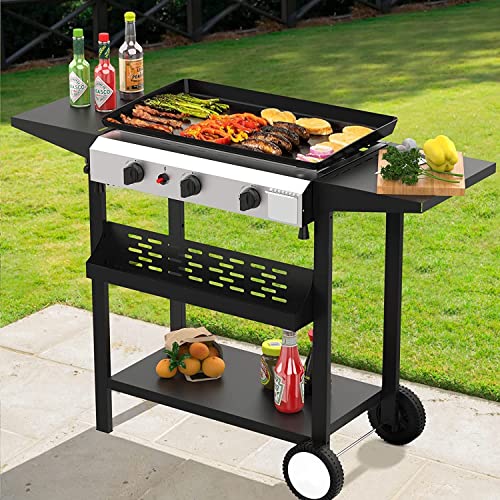 SKOK 3 Burner Gas Griddle- 23.3 Inch Outdoor Propane Griddle-30000 BTU Propane Fuelled, Portable Flat Top Gas Grill Camping Griddle Station with Side Shelves for Kitchen, BBQ, Camping Tailgating
