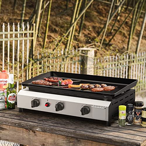SKOK 3 Burner Gas Griddle- 23.3 Inch Outdoor Propane Griddle-30000 BTU Propane Fuelled, Portable Flat Top Gas Grill Camping Griddle Station with Side Shelves for Kitchen, BBQ, Camping Tailgating