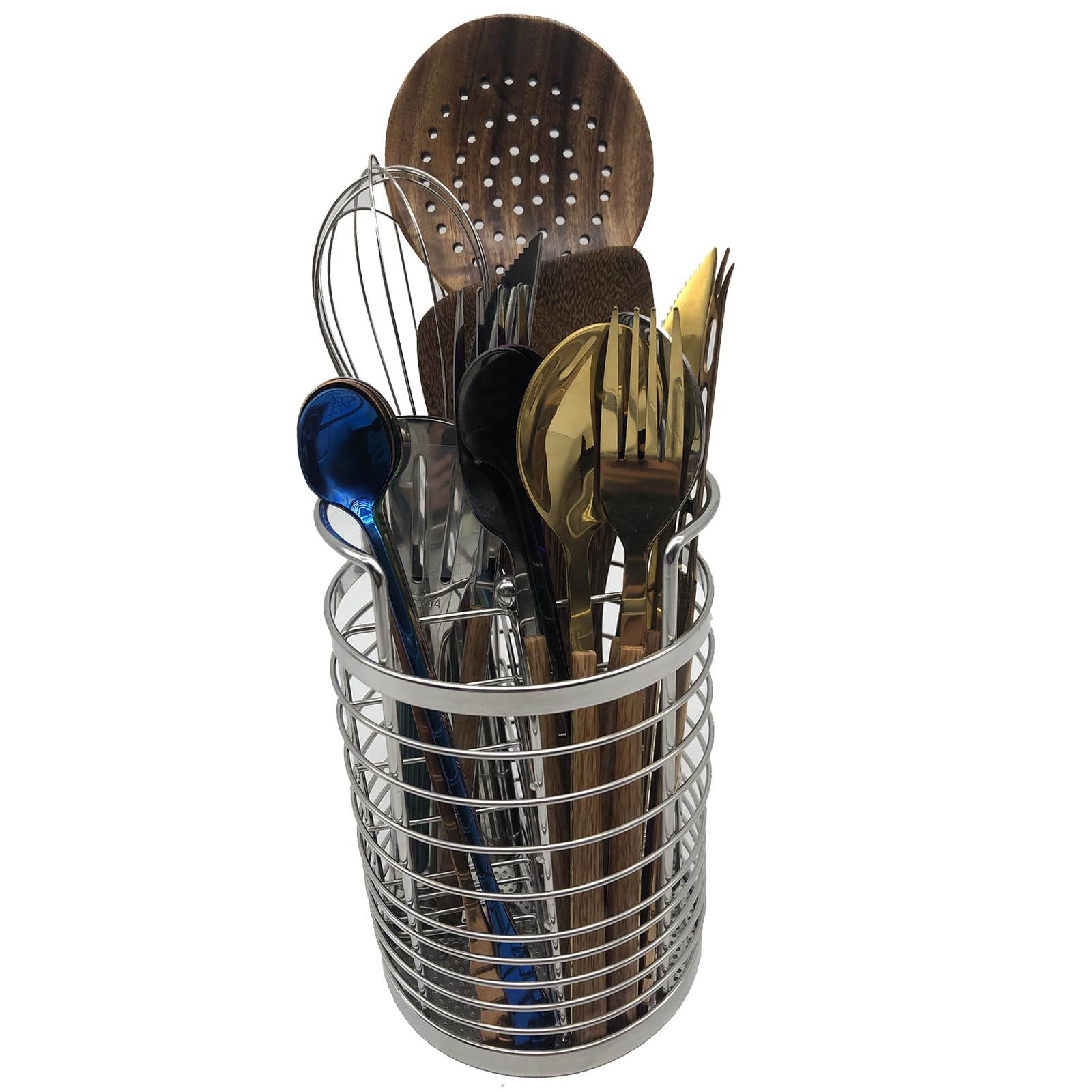 BESSKON Kitchen Utensil Holder for Countertop, 4 Compartment Stainless Steel Cooking Utensils Holder for Spatula, Spoon and Fork, Cutlery Silverware Caddy Party Picnic Flatware Holder 4.1" x 6.2"