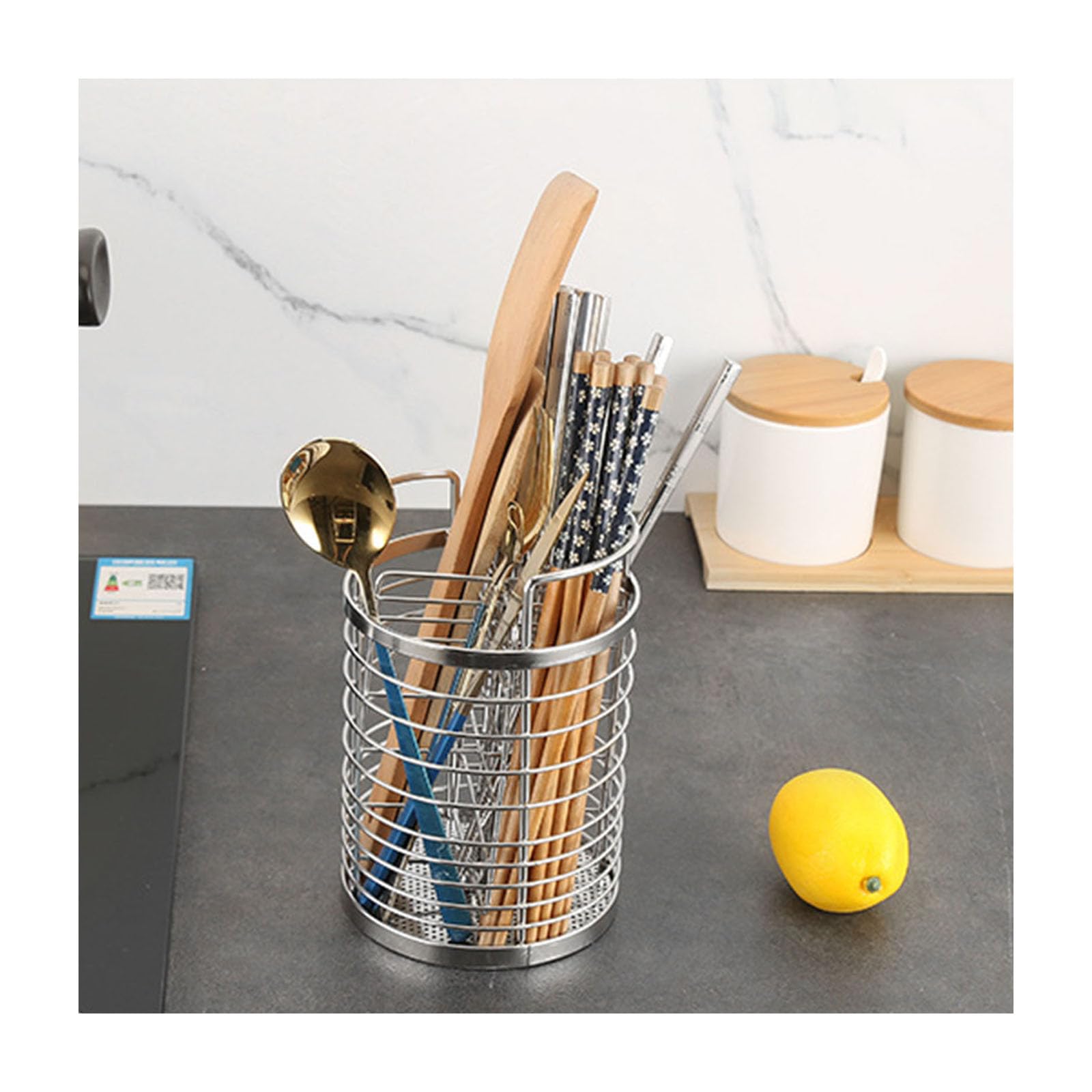 BESSKON Kitchen Utensil Holder for Countertop, 4 Compartment Stainless Steel Cooking Utensils Holder for Spatula, Spoon and Fork, Cutlery Silverware Caddy Party Picnic Flatware Holder 4.1" x 6.2"