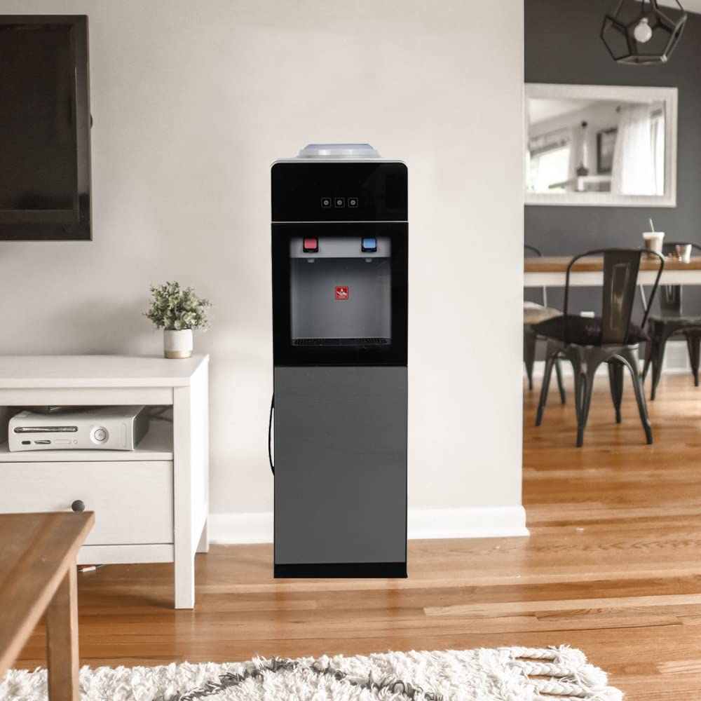 Water Cooler Dispenser 5 Gallon, Cold & Hot Water Cooler Dispenser Top-Loading Water Cooler 5 Gallon Children Safety Water Dispenser with Removable Drip Tray & Storage Cabinet for Home Office (Black)
