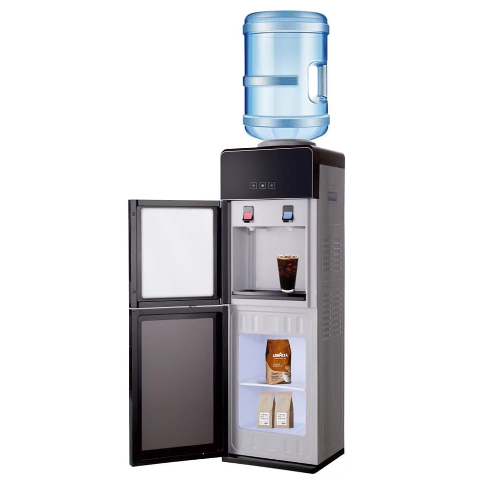 Water Cooler Dispenser 5 Gallon, Cold & Hot Water Cooler Dispenser Top-Loading Water Cooler 5 Gallon Children Safety Water Dispenser with Removable Drip Tray & Storage Cabinet for Home Office (Black)